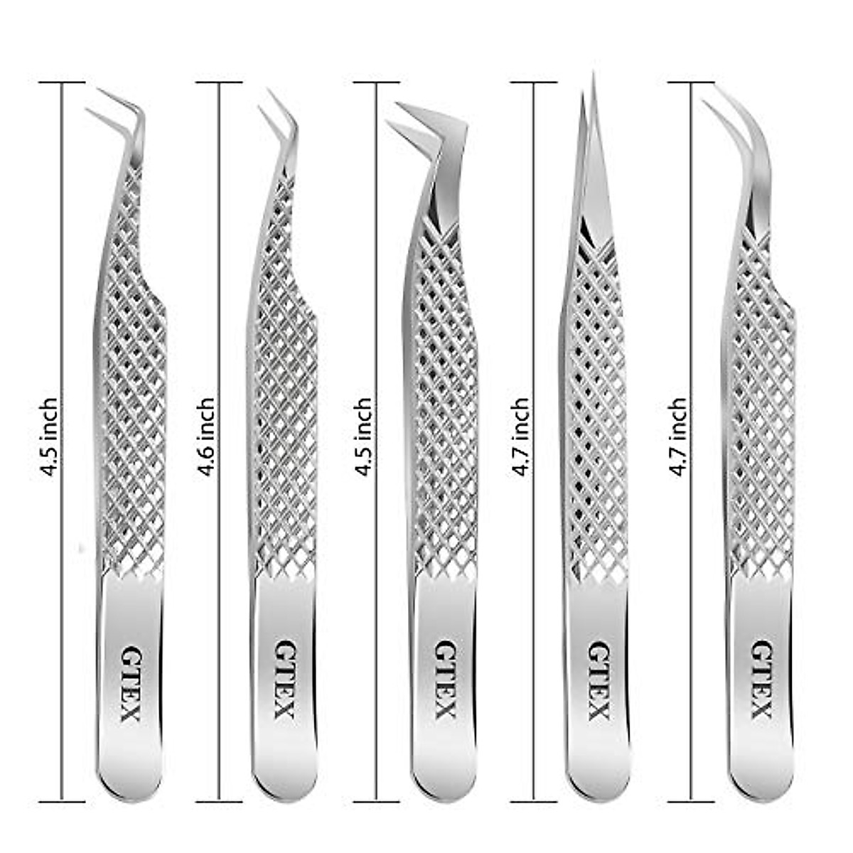 GTEX Lash Tweezers For Eyelash Extensions Tweezers Set of 5, Japanese Stainless Steel, Straight Curved 45 90 Degree Volume Eyelash Tweezers - SILVER