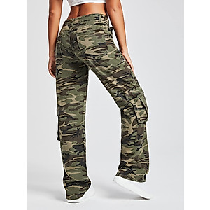 WDIRARA Women's Camo Print Cargo Baggy Jeans High Waist Wide Leg Denim Army Pants Army Green Camouflage L
