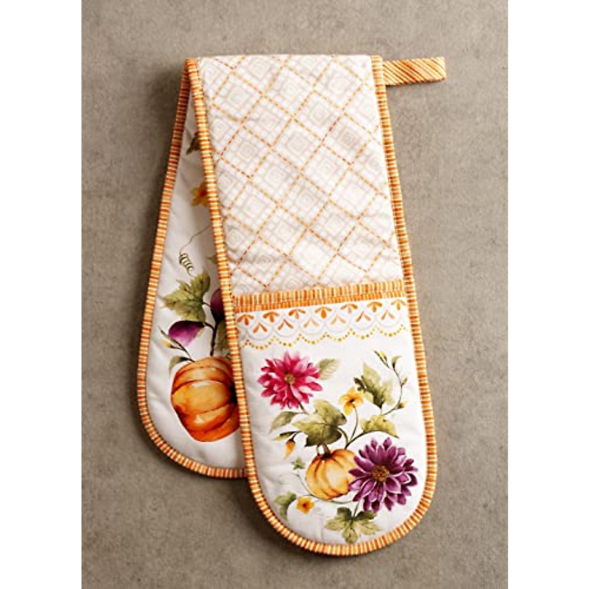 Maison d' Hermine Double Oven Gloves 7"x35", 100% Cotton Heat Resistant Oven Mitt Cooking Gloves with Loop, Handling Hot Pan, Pumpkin Garden - Cloudy Cream-Thanksgiving/Christmas