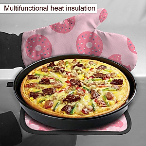 Pink Doughnuts Oven Mitts and Pot Holders Sets Heat Resistant Oven Gloves with Non-Slip Surface for Reusable for Baking BBQ Cooking