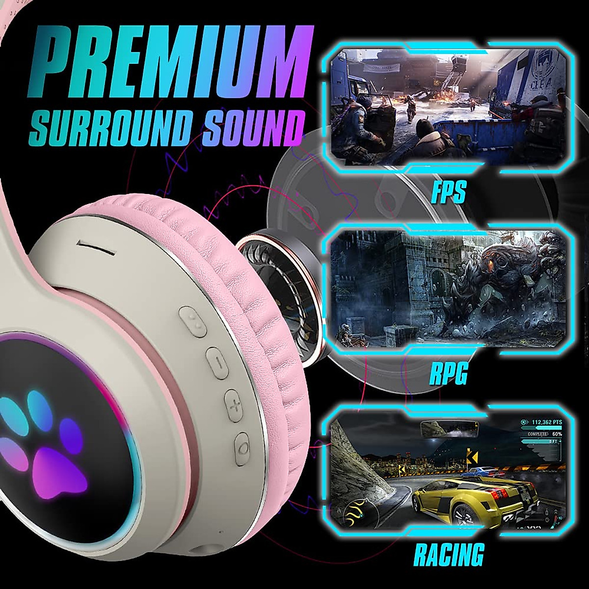 Mokata Gaming Headphone Wired USB Connect 7.1 Surround Stereo Over Ear Cat LED Light Fit Adult & Kid Foldable Headset with Mic for PC PS4 PS5 Game Laptop Pad H03 Cyan Beige White