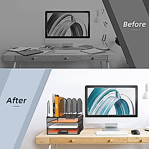 DALTACK Paper Desk Organizer, 3-Tier Letter Tray with 5 Vertical File Holders, Multifunction Desk Organizer, Desktop File Folder Organizer, Desk Organizers and Accessories for Home Office, Black