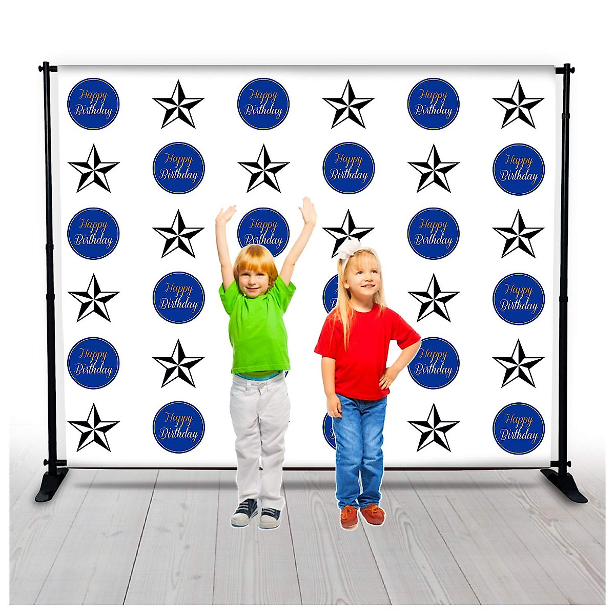 BannerBuzz Happy Birthday 3D Stars Theme Custom Step and Repeat Banner, Graphic, 11 oz. PVC Flex, 720 DPI Eco-Solvent Printing, for Events and Parties, Photography Background (8'W x 10'H)