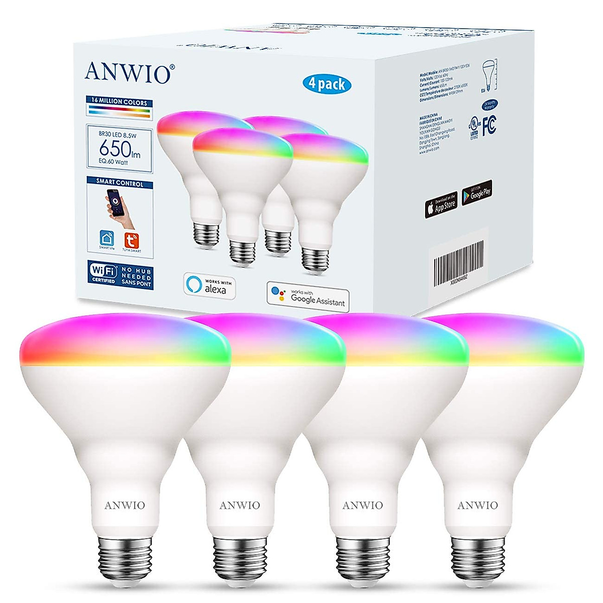 ANWIO Smart Light Bulb BR30 RGB Color Changing LED WiFi Dimmable Multicolor Light Bulbs E26 Base, Compatible with Alexa, Google Assistant, No Hub Required, 650 Lumen 8.5W (60W Equivalent) 4 Pack