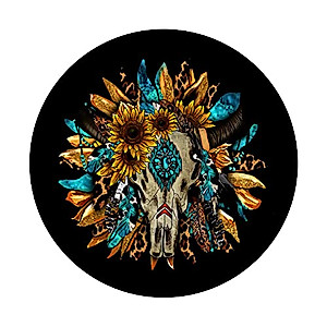 Western Boho Sunflowers Turquoise Cow Bull Skull Fun PopSockets Swappable PopGrip