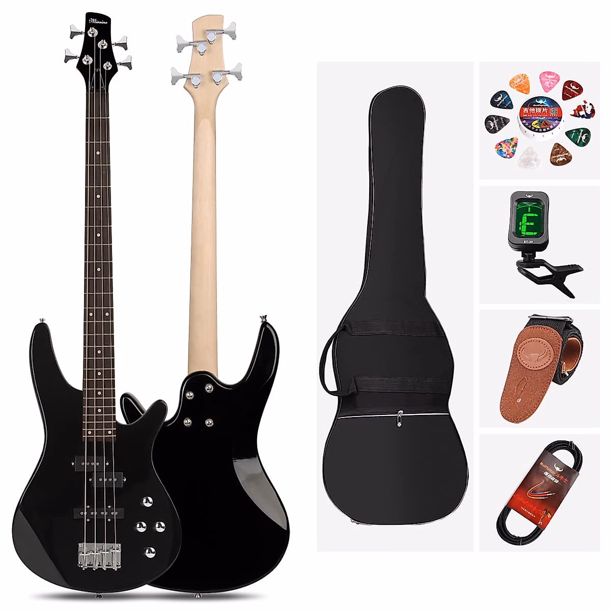 Electric Bass Guitar 4 Strings Full Size P Bass Beginner Kit Black for Starter with Gig Bag, Guitar Strap, and Guitar Cable (Black)