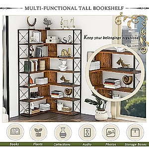 PKUGU 7 Tier Open Bookshelf, Tall 7 Tier Bookshelf, Organizer for Bedroom, Mid Century Modern Shelves, Industrial Style Shelf with Open Storage, L-Shaped Corner Bookcase with Metal Frame, Brown+Black