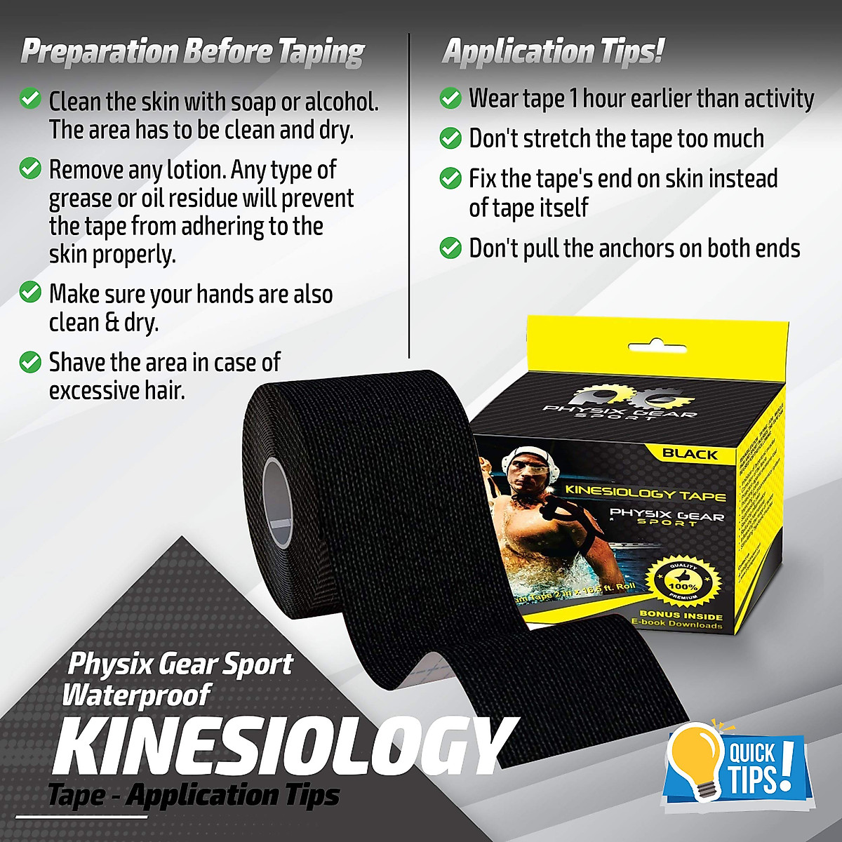 Physix Gear Kinesiology Tape Pro - Waterproof Physio Sports Tape for Pain & Injuries, Pregnancy, Muscle, Knee, Joint Support, Swelling, Strain Relief, Enhanced Blood Circulation (Black, 1 Roll)