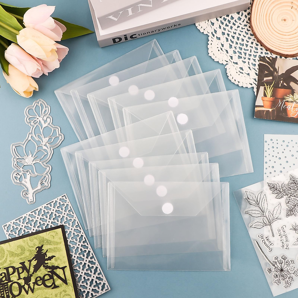 Briartw 20 Storage Envelopes Hook and Loop Closure,7x5" Resealable Plastic Envelopes Pockets for Cutting Dies Stencil Crafts Organizer Holder,Clear Storage Bag for Clear Stamp,Die Cuts,Photos