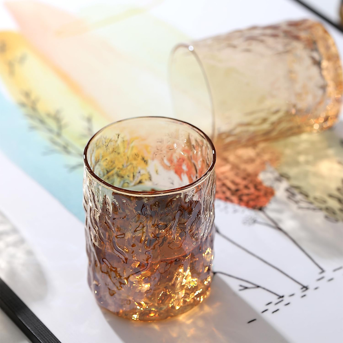 Whiskey Glasses Set 4, Amber Colored Rocks Glasses, 9 oz Old Fashioned Glass for Whisky, Scotch, Bourbon, Rum and Cocktail, Unique Gift for Wedding, Birthday and Anniversary, Lowball Drinking Glasses