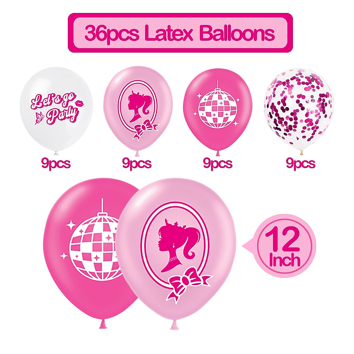 36 Pcs Pink Girls Balloons Birthday Party Supplies Hot Pink Balloons for Pink Princess Doll Theme Party Decorations for Girls Birthday, Baby Shower,Bachelorette Party