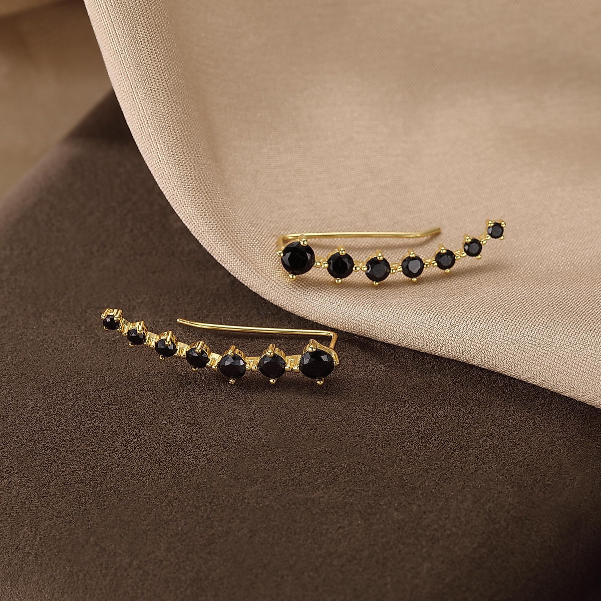 Reffeer 925 Sterling Silver 7 Crystals Cuff Earrings Climber for Women CZ Crawler Earrings Wraps (D-Gold-Black CZ)