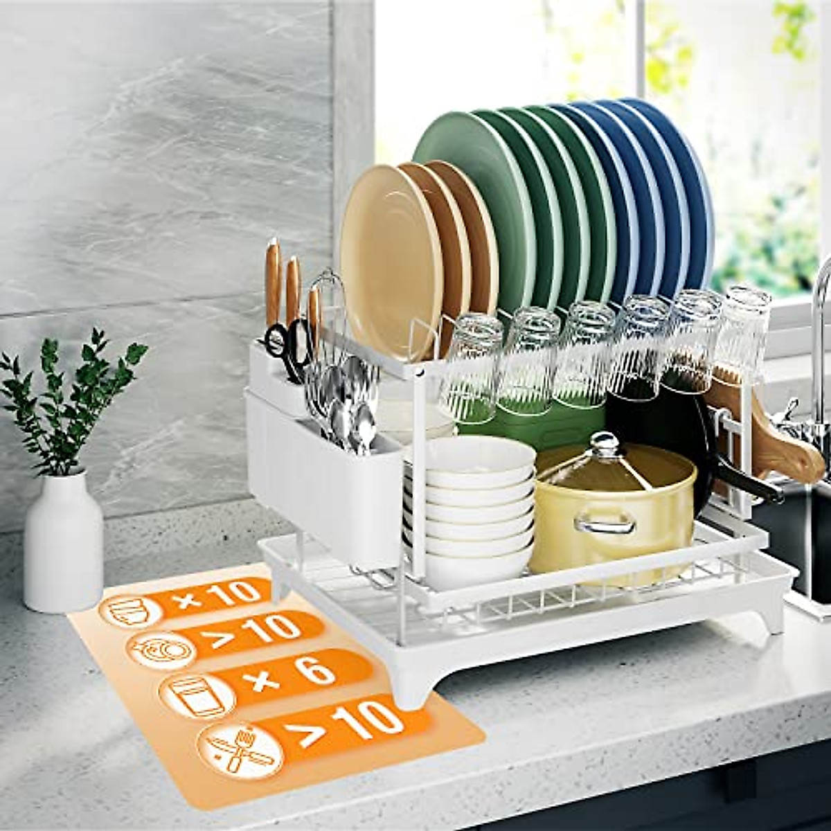 kenvc Dish Drying Rack,Large Dish Drying Rack，Dish Drainers for Kitchen Counter,Board Holder, 6 Cup Holder，Removable Large Capacity Dish Drainer, Rust-Proof Dish Drainer, White