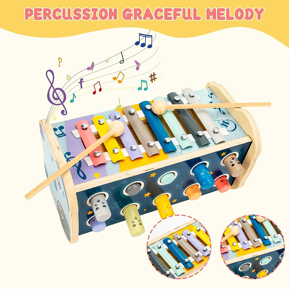 kogabanny Wooden Hammering Toy, Educational Pegs Pound Maze Puzzle Number Sorter Musical Toy with Xylophone, Hammers, Mallets, for Kids