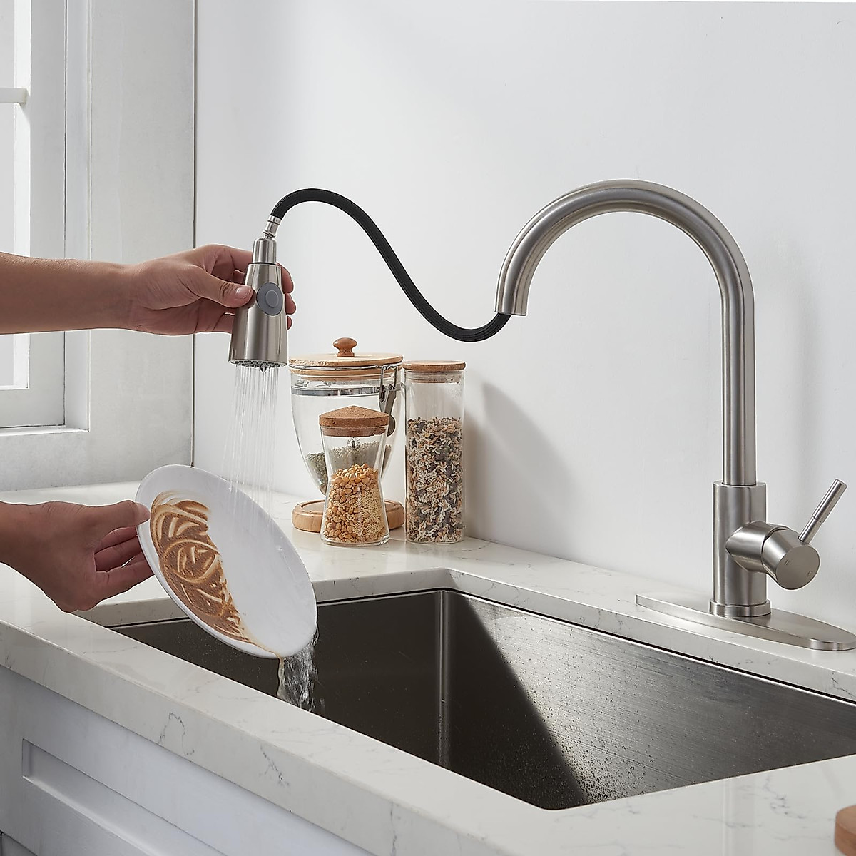 SHACO Brushed Nickel Kitchen Faucet with Pull Down Sprayer Commercial Stainless Steel Kitchen Sink Faucet with Deck Plate Single Handle Single Hole Pull Out Faucet for Laundry RV Grifos De Cocina