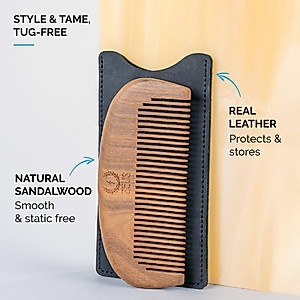 ZEUS Sandalwood Beard Comb, Natural Wooden Beard Comb with Leather Sheath for Men, Travel Friendly Beard Comb (S31)