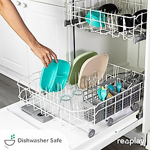 Re-Play Made in USA Deep Walled 3 Compartment Plates, Pack of 4 - Reusable Divided Plates for Kids, Dishwasher and Microwave Safe - Durable Toddler Plates 7.37" x 7.37" x 1.25", Teal