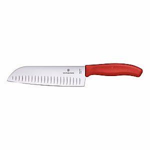 Victorinox 6.8521.17G Swiss Classic Santoku Knife for General-Purpose Slicing, Dicing, Mincing, and Everything In Between Fluted Edge Blade in Red, 6.7 inches