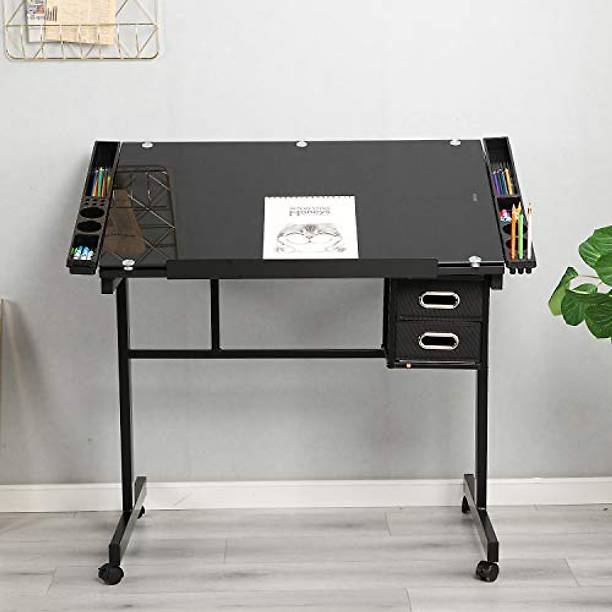 sogesfurniture Adjustable Glass Drafting Table, Versatile Art Craft Station Study Table, Tabletop Adjustable Art/Craft Desk with 4 Rolling Wheels and Slide Drawers for Home Office, Black