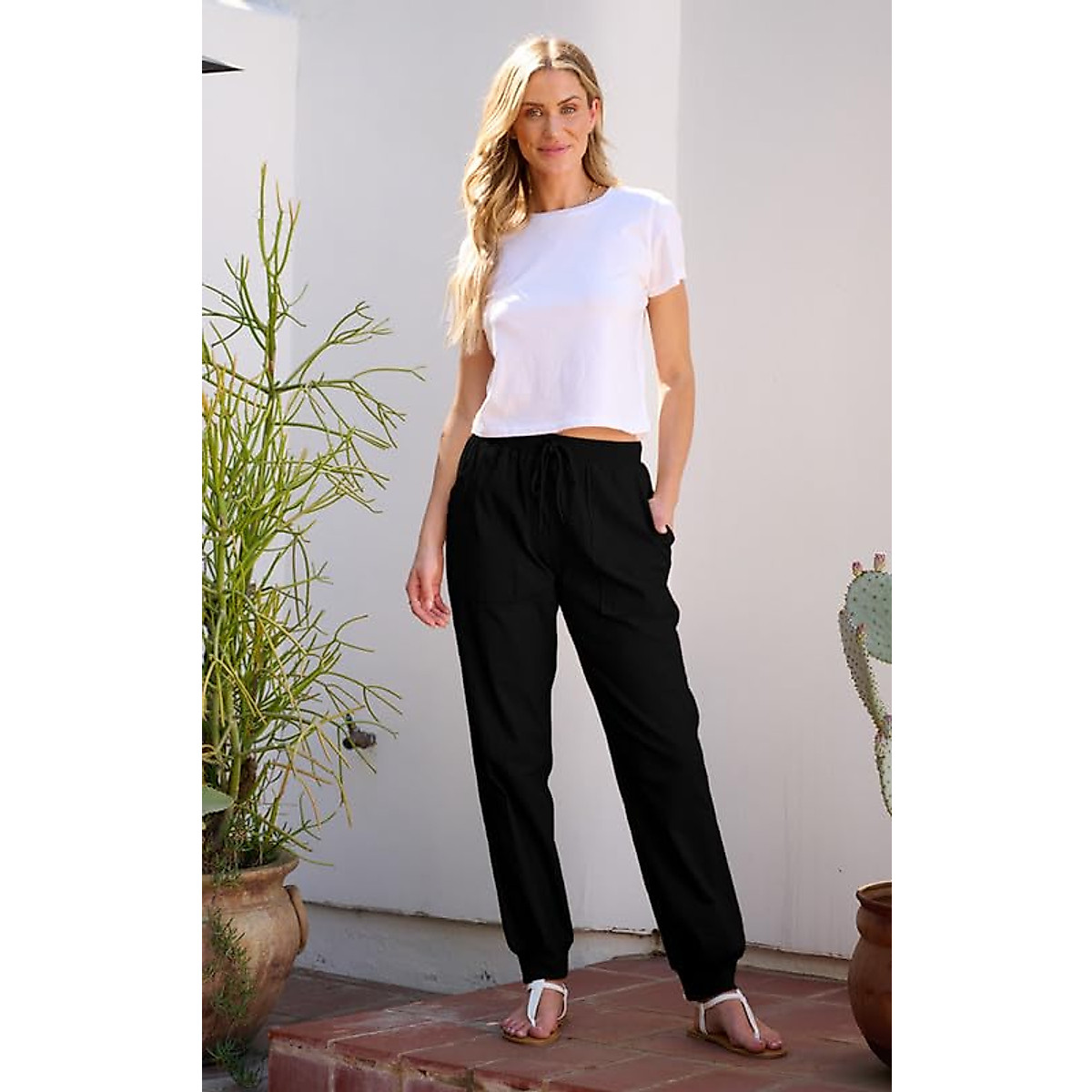 PURPEARL Cotton Linen Joggers for Women Stretchy Work Drawstring Elastic Waist Petite Pants Casual Trousers with Pockets Black