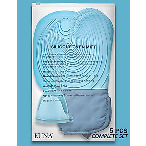 EUNA Silicone Oven Mitts, Heat Resistant Oven Mitts and Pot Holders Sets, Non-Slip Kitchen Mittens with Mini Oven Gloves and Hot Pads, Perfect for Baking Cooking, Quilted Liner, Gift Box, Blue & Azure