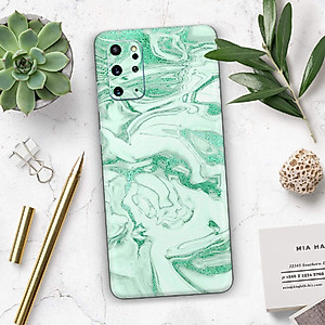 DesignSkinz Mint Marble & Digital Gold Foil V6 Protective Vinyl Decal Wrap Skin Cover Compatible with The Samsung Galaxy S20 (Screen Trim & Back Glass Skin)