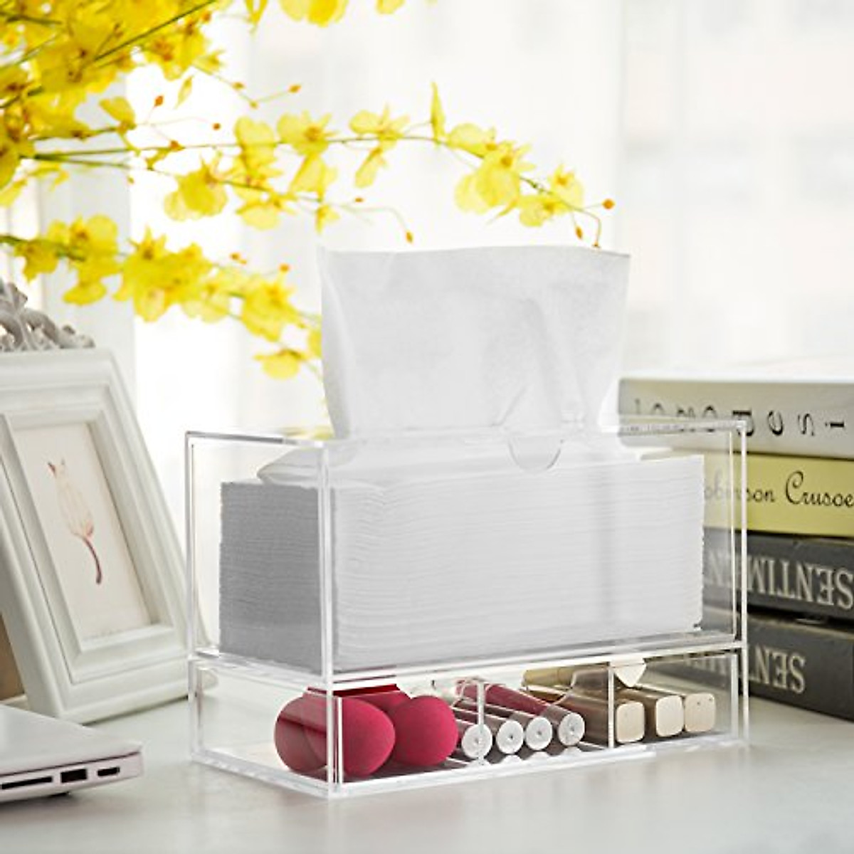 Modern Clear Acrylic Cosmetic Organizer with Pull Out Makeup Storage Drawer with Tissue Box Dispenser - Countertop Bathroom Supplies Holder