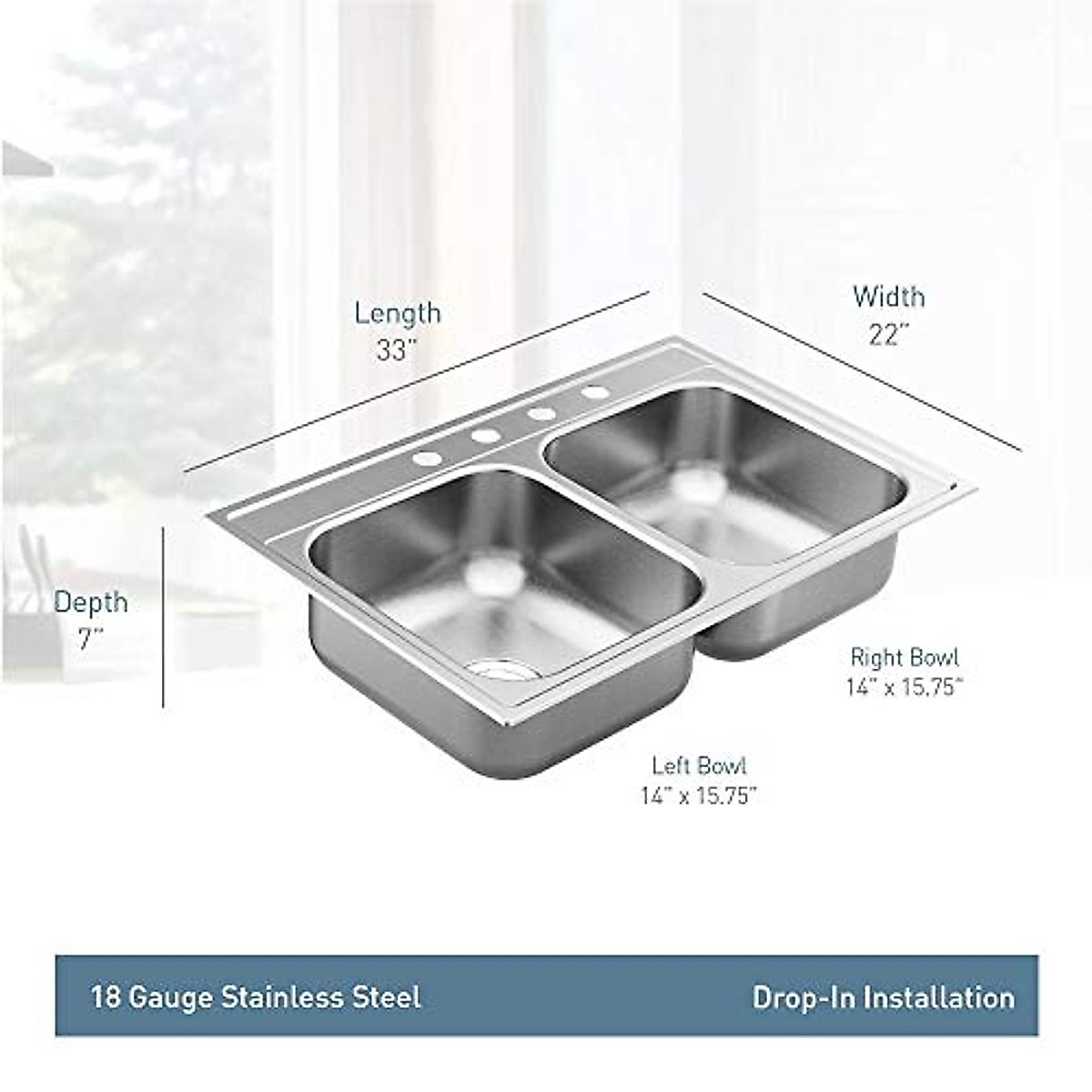 Moen GS182154Q 1800 Series 33-inch 18 Gauge Drop-in Double Bowl Stainless Steel Kitchen Sink, 7-inch Depth, Featuring QuickMount