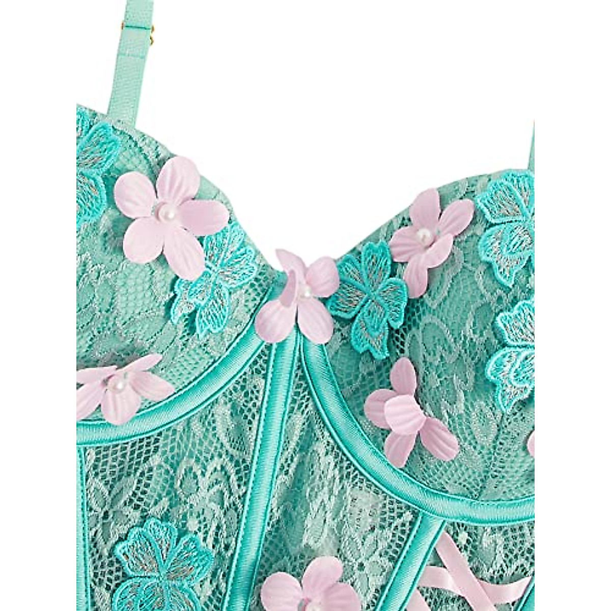 WDIRARA Women's Floral Lace Embroidered Push Up Garter Lingerie Set with Stockings Green L