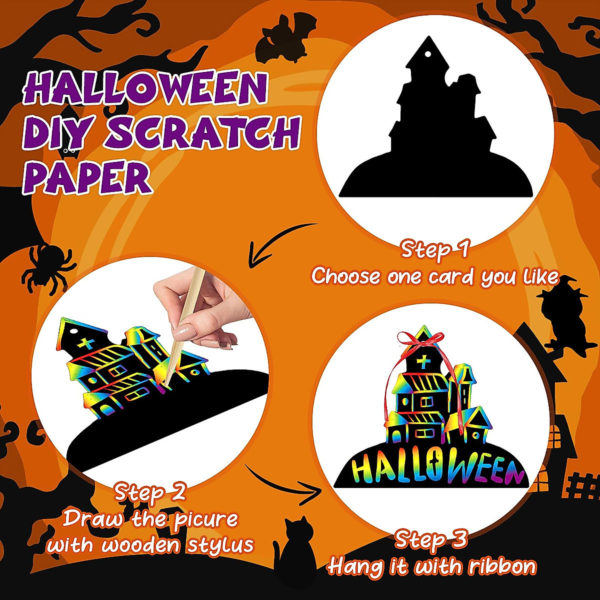 YEGEER 96PCS Halloween Craft Kit for Kids, Magic Scratch Off Paper Hanging Halloween Ornaments Set with 48pcs Wooden Stylus 96pcs Cords for Halloween Games, Halloween Party Favors, Art Craft Supplies