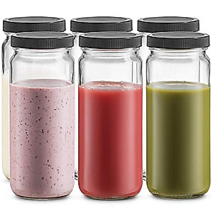 Travel Glass Drinking Bottle Mason Jar 16 Ounce [6-Pack] Plastic Airtight Lids, Reusable Glass Water Bottle for Juicing, Smoothies, Kombucha, Tea, Milk Bottles, Homemade Beverages Bottle,