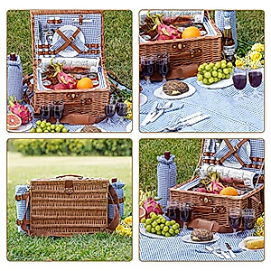 Picnic Basket for 4, Insulated Willow Picnic Baskets with Shoulder Strap, Picnic Hamper with Waterproof Picnic Blanket, Handmade Wicker Hamper for Outdoor, Great Gifts for Thanksgiving, Christmas