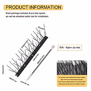 OFFO Black Bird Spikes Pre-Assembled for Pigeons Birds, Durable Bird Deterrent Spikes with Stainless Steel, Bird Repellent Spikes for Fence Roof Mailbox Window Matte Black Cover 10 Feet