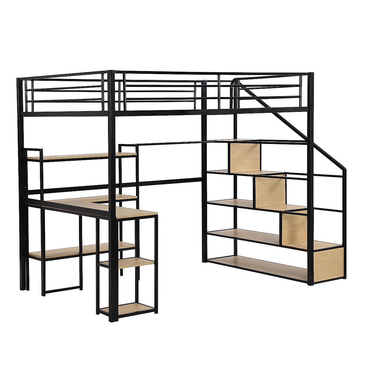 MiHunnor Metal Full Size Loft Bed with Built-in Desk, Multi-Functional Loft Bed with Storage Shelf and Storage Staircase, Space-Saving Design Loft Bed for Bedroom