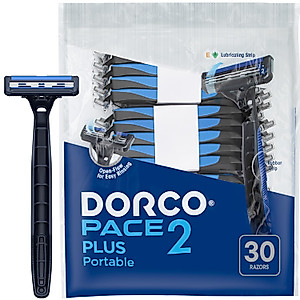 Dorco Pace 2 Plus Disposable Razor 2 blades Pivoting Head Open-Flow for Easy Rinsing with Lubricating Strip and Long Non-Slip Rubber Handle (30ct Rubber Handle)