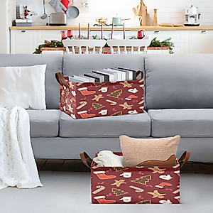 Exnundod Christmas Gingerbread Cookies Collapsible Storage Bins Holly Berry Storage Basket for Shelf Cubes Folding Storage Boxes with Handles for Closet Blanket Toys Books
