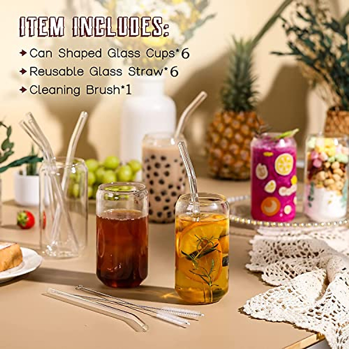 Infankey Glass Cups with Glass Straw 6pcs Set - Beer Can Shaped Drinking Glasses, 16 oz Iced Coffee Glasses, Cute Tumbler Cup for Smoothie, Boba Tea, Whiskey, Juice, Water - 1 Cleaning Brushes
