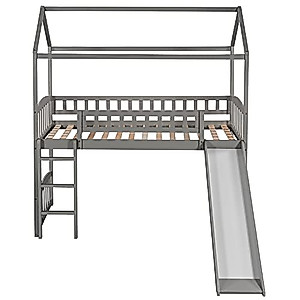 MOEO Twin Size House Loft Bed with Convertible Slide, Wood Bedroom Bedframe for Kids, Bedroom, Home, No Box Spring Need, Grey