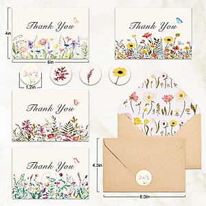HRFGWDD Floral Thank You Cards With Envelopes 25 Pack, Wildflower Thank You Cards 4"x6", Thank You Notes With Envelopes And Stickers Set for Wedding, Bridal Showers, Baby Showers, Thanksgiving Party