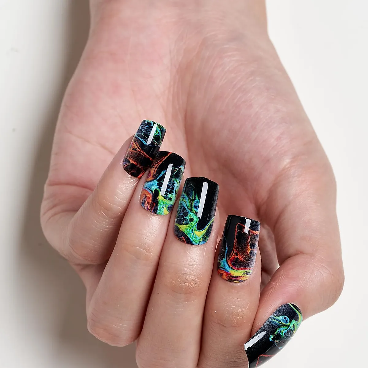 GLAMERMAID Black Press on Nails Medium Square, Tie Dye Gothic Fake Nails Tips Short Square, Ombre Color Oil Paint Glue on Nail Summer Glossy Gel Set, Reusable Acrylic False Nail Manicure Kit for Women