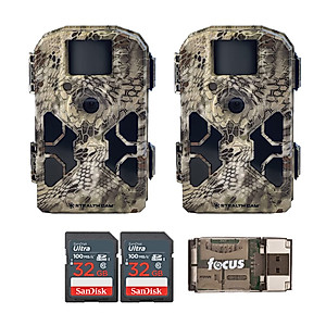 Stealth Cam 2020 G42NG 24MP Trail Cameras (2-Pack) and Memory Cards Bundle. No-Glow Flash, 100-Ft. IR Range, Kryptek Camo, HD Video (5 Items)