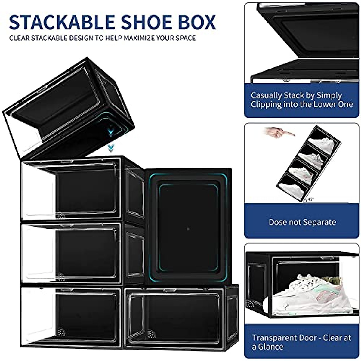 mupera X-Large Shoe Boxes Clear Plastic Stackable Shoe Storage Box with Clear Door for Closet, Plastic Shoe Boxes with Lids, Drop Front Shoe Box, Storage Containers for Organizing Sneaker(9 Pack)