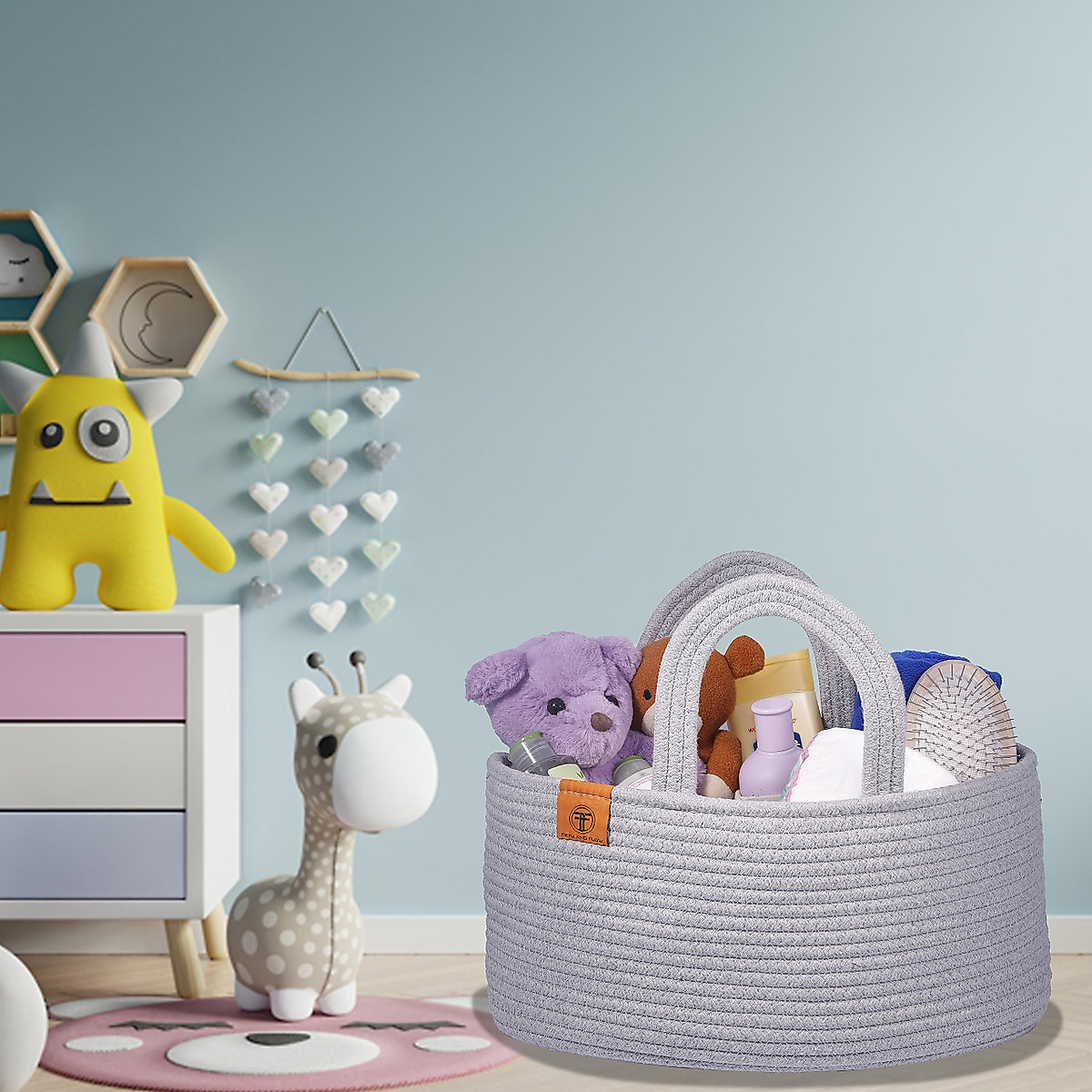 FIFTH AND FLOW Baby Diaper Caddy Organizer, Rope Woven Nursery Storage Basket with Adjustable Divider, Portable Car Travel Diapers Organizer, Large Capacity Caddies (Grey)