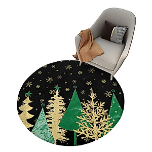 Christmas Black Fluffy Round Area Rug Carpets 3ft, Plush Shaggy Carpet Soft Circular Rugs, Non-Slip Fuzzy Accent Floor Mat for Living Room Bedroom Nursery Home Decor Xmas Tree Geometric Green Gold