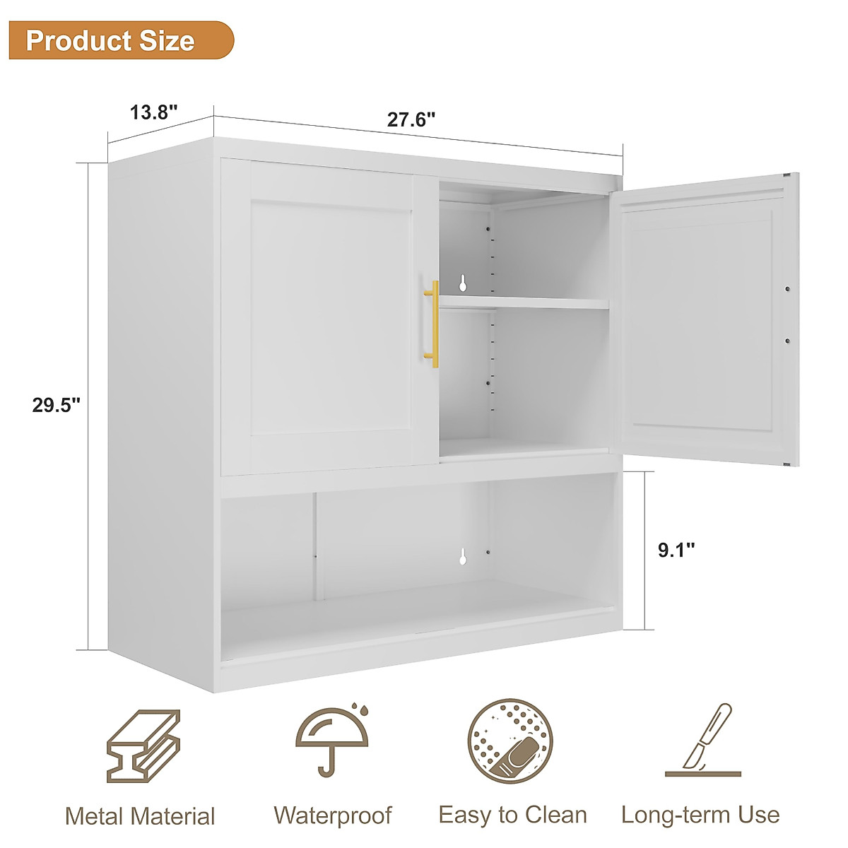 pozdeg Bathroom Cabinet Wall Mounted, 29.5" H Metal Hanging Cabinet with 2 Doors and 1 Adjustable Shelves, Space Saver Storage Cabinets for Bathroom Kitchen (White)