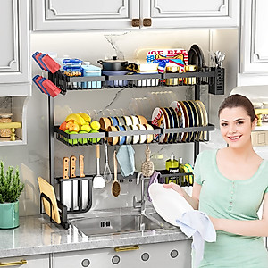 Over The Sink Dish Drying Rack, 3 Tier Adjustable (33.8 to 41.5 inch) Large Capacity Kitchen Counter Dish Drying Rack with Fruit Basket Utensil Holder Sink Caddy Cup Holder, Black