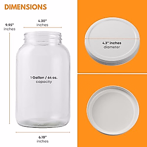 FastRack - Pack of 4 One Gallon Wide Mouth Jar with White METAL Airtight Lid, 4 Glass Jars with 4 Fermentation Lids, Ideal Glass Jars with Lid for brewing, fermentation and pickling
