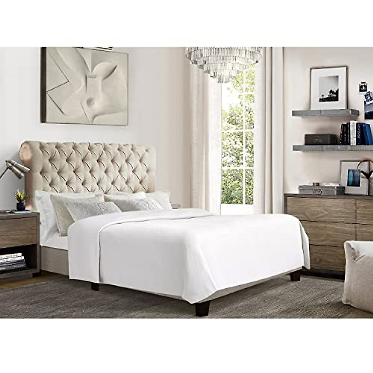 Rosevera Corrine Upholstered Bed Frame with Button Tufting Headboard/Adjustable Headboard/Rolled Head Headboard Bed Frame/Wood Slat Support/Easy Assembly,Twin,Textile Beige