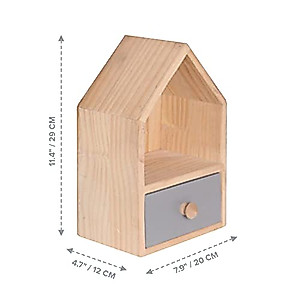 House Shaped Display Shelf with 1 Drawer - Wood Dresser Floating Shelf - Kids Bedroom Furniture - Desk Decor Book Shelf - Nursery Decor - Cute Storage Shelves for Bedroom - 1 Tier 7.9x1.8x11.4 in