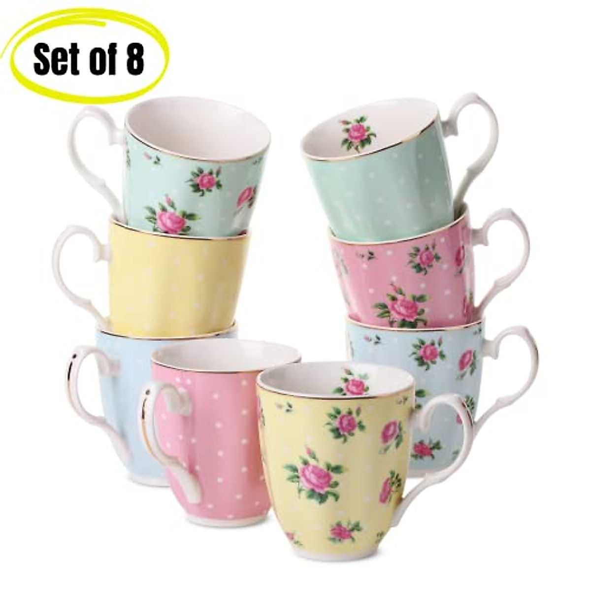 BTaT- Royal Coffee Mugs, 12 oz, Set of 8, Floral Mugs, Porcelain Bone China, Tea Mug, Coffee Cups, Coffee Mug Set, Large Coffee Mugs, Coffee Cups Set, Mugs for Coffee, Tea Cups